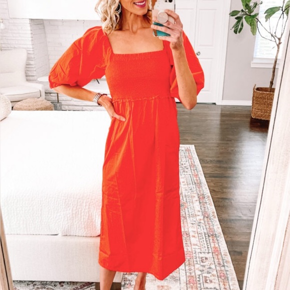 Free Assembly | Dresses | Free Assembly Smocked Off Shoulder Red Orange ...